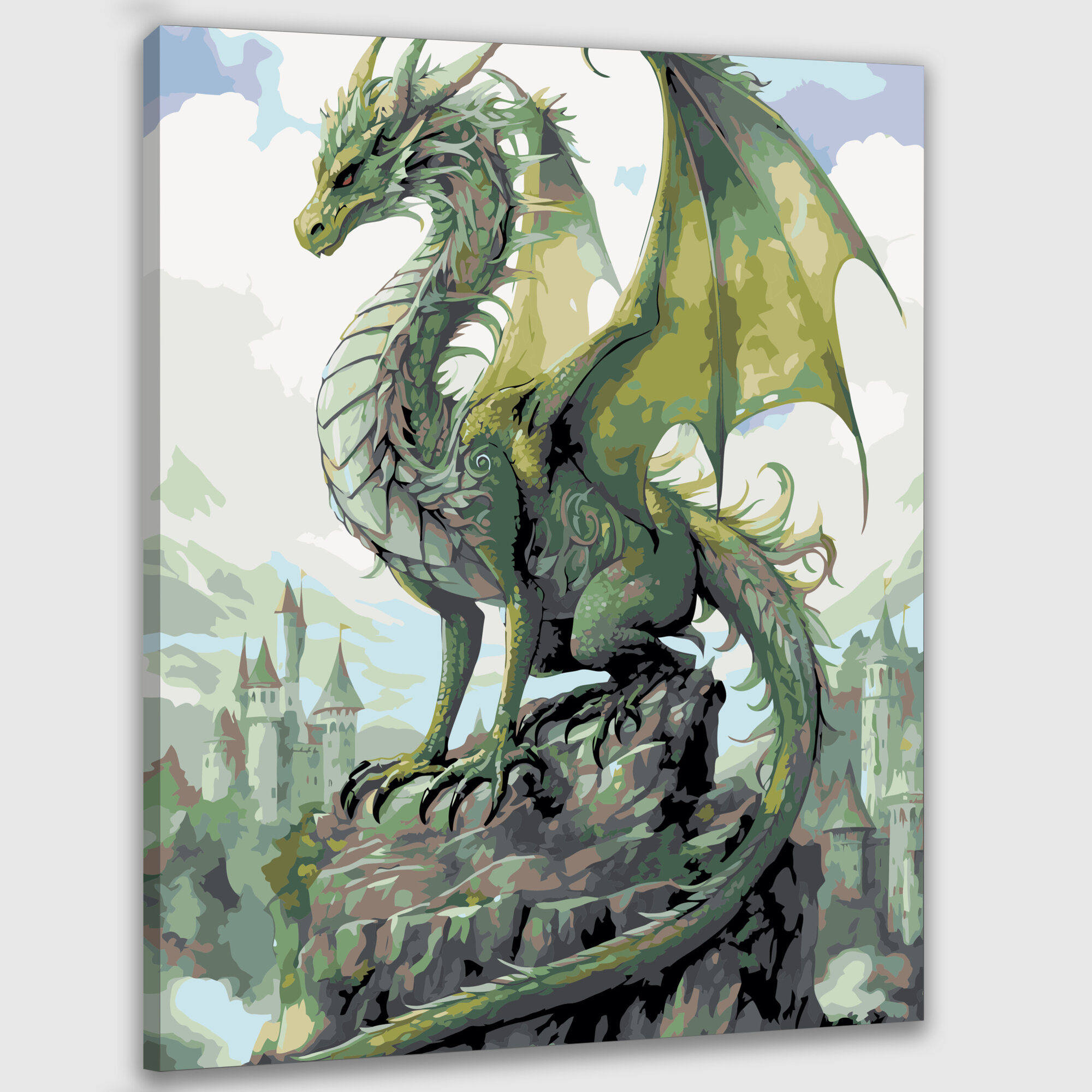 Картина по номерам 40x50 см, мифическое существо, зеленый дракон, акварельная иллюстрация, замысловатые детали