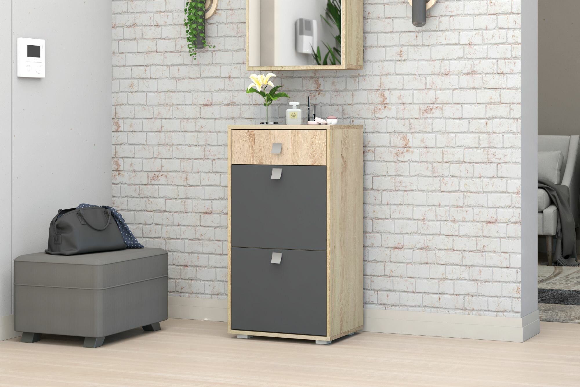 Тумба выкатная на колесиках Цвет Дуб Сонома / Графит, ширина 48,2 см, офисная с ящиками, под стол