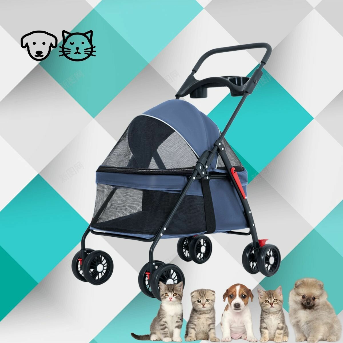 Коляска для перевозки животных, Легкая Складная коляска для собак и кошек, нагрузка до 15 кг, 49x77x97cm