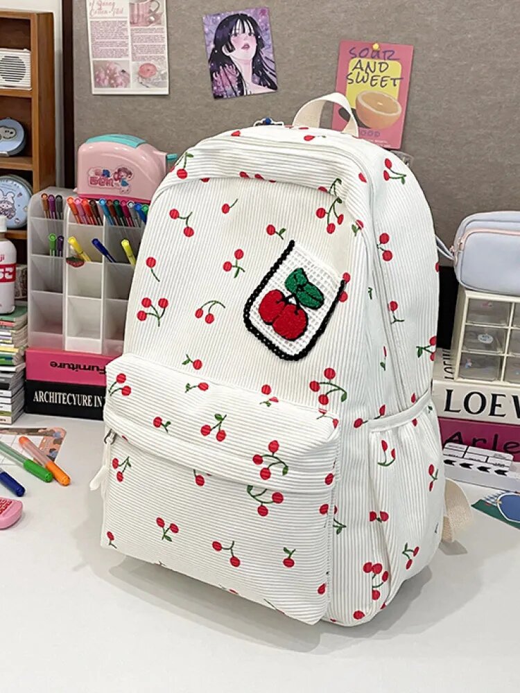 Рюкзак школьный для девочки белый вельветовый с принтом вишня / Рюкзак из вельвета милый для школы модный с вышивкой