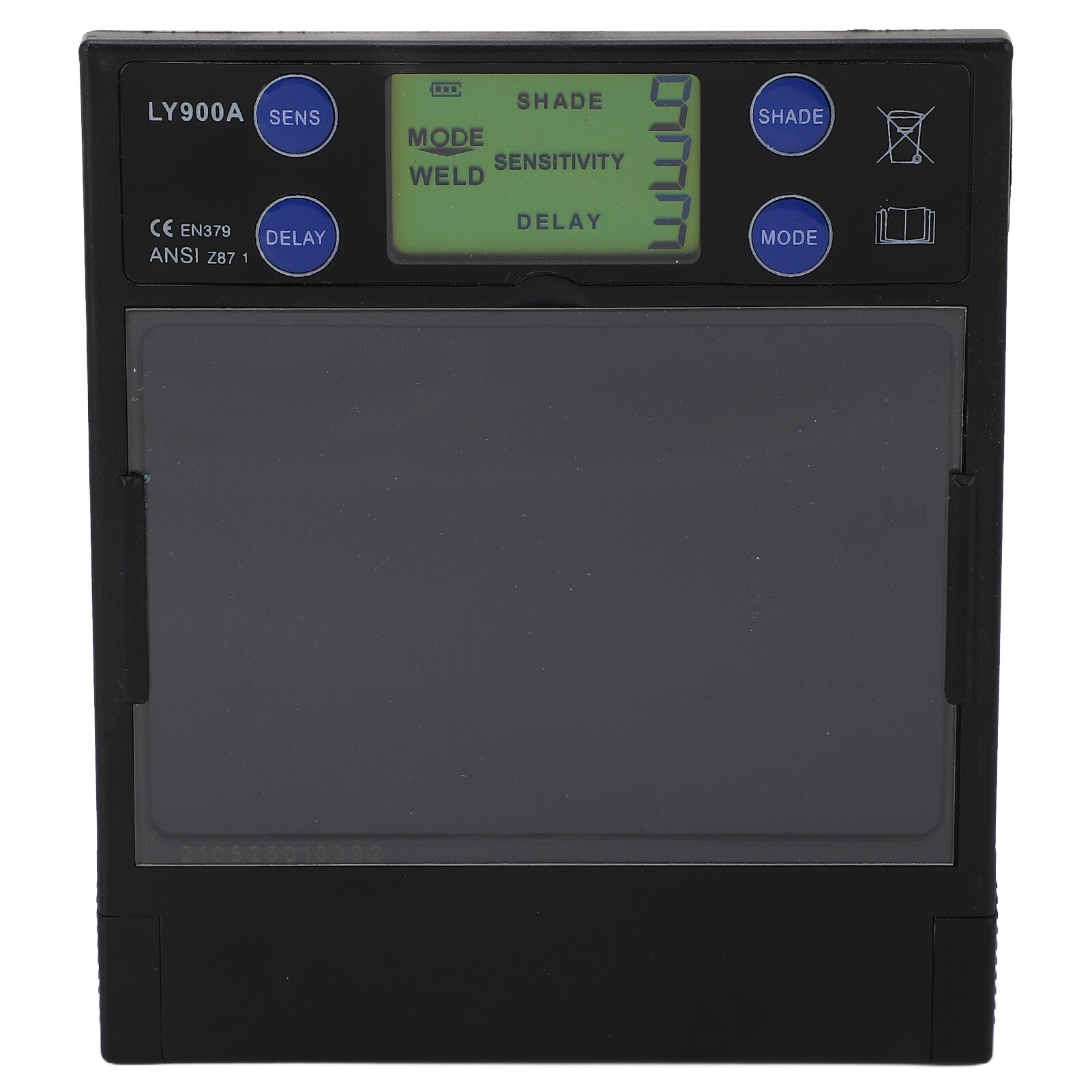 Солнцезащитный сварочный фильтр с автоматическим затемнением и цифровым дисплеем, размер 100x67 мм.