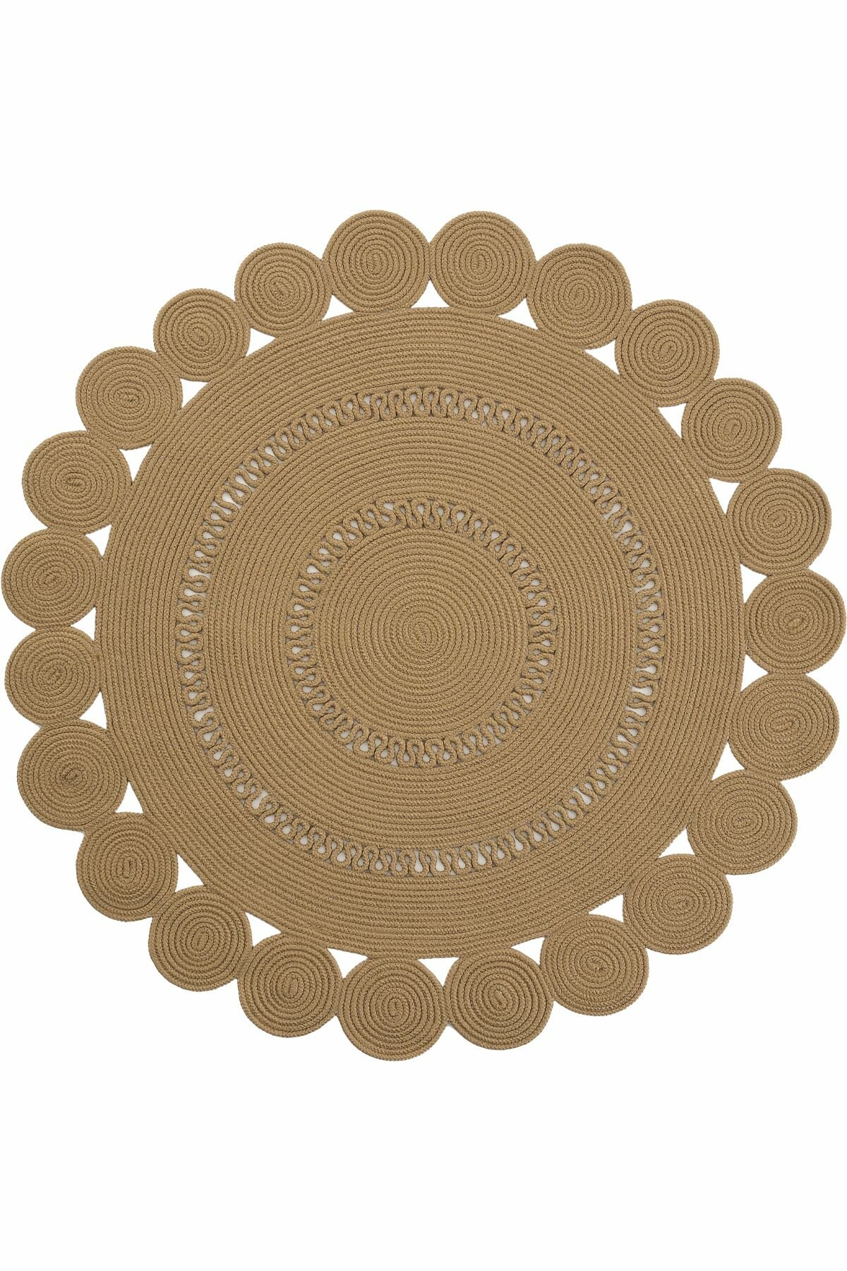 Ковер Cool Hali Luke 863 Круглый коврик 90x90 cm с плетеной текстурой с фигурным краем цвета песчаный беж