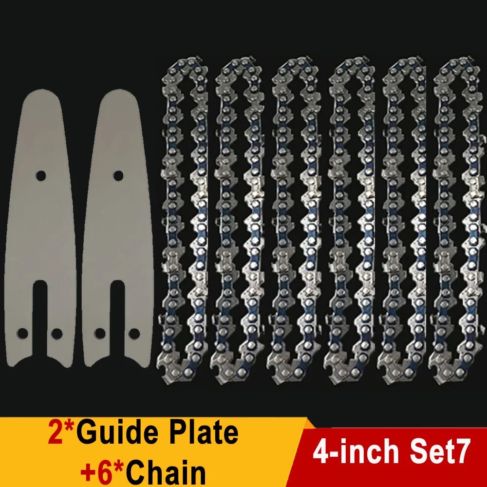Мини-электропила 4 дюйма, 2 направляющие пластины + 6 цепей, 4-inch Set7