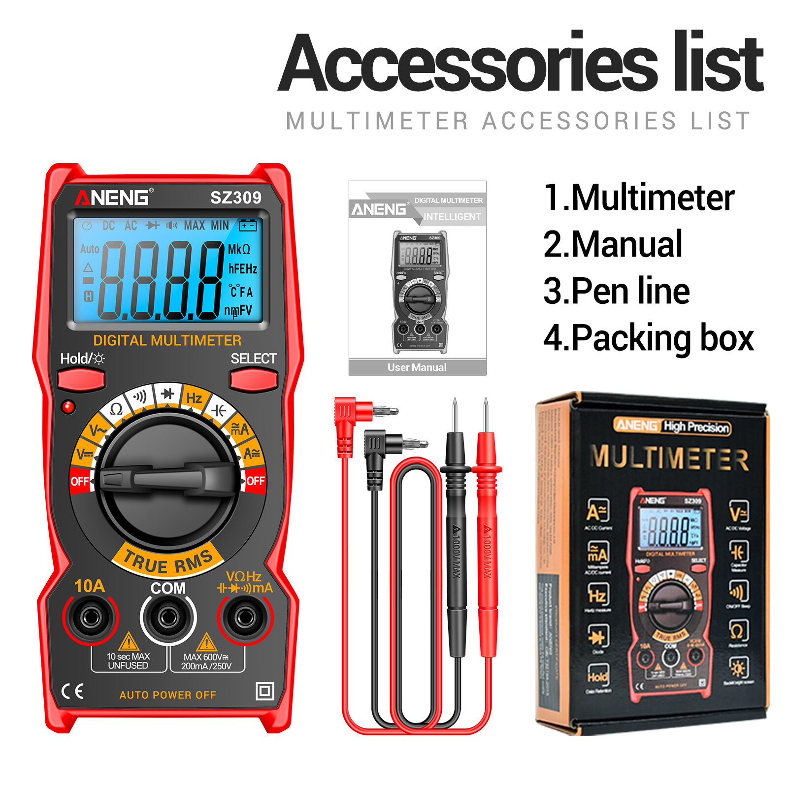 ANENG SZ309 Интеллектуальный мультиметр, 1999 делений, высокоточный электроизмеритель, ЖК-дисплей с подсветкой, вольтметр/амперметр переменного/постоянного тока, инструменты электрика.