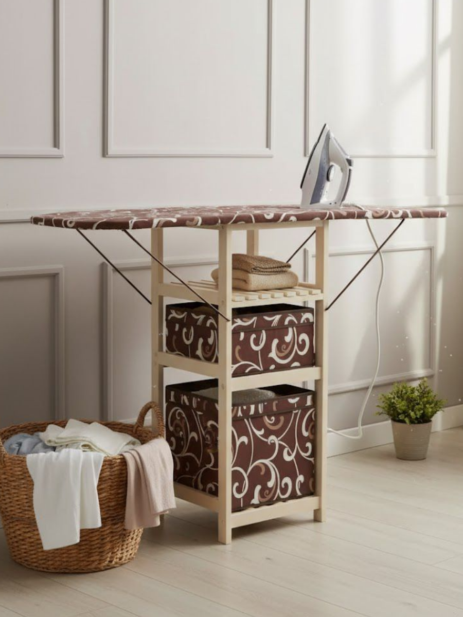 Комод гладильная доска с ящиками из массива, гладильный комод (тип 1) ткань 16 (Слоновая кость) раскладной