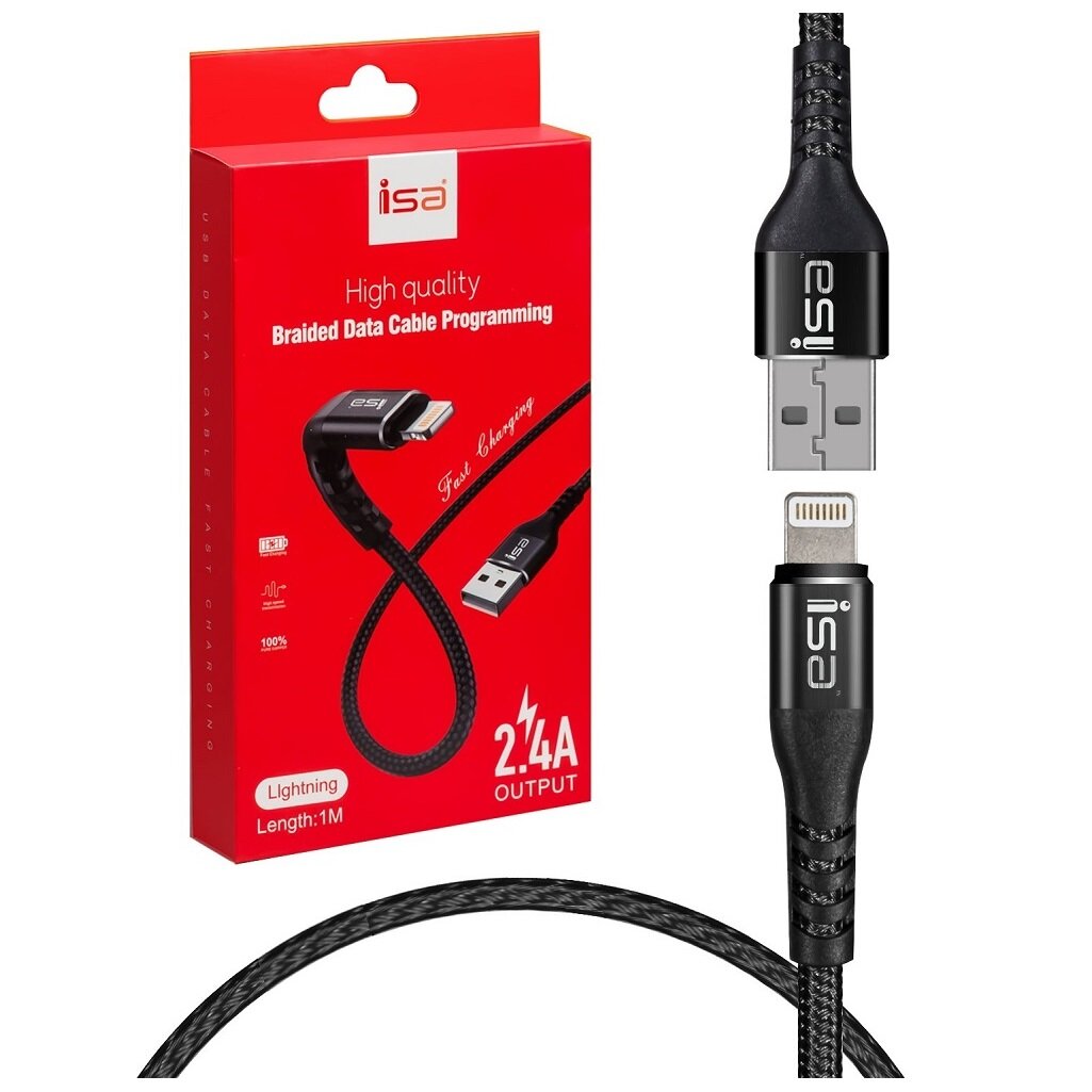 Кабель USB Lightning ISA DC-B01 LUX 2.4A, 1 м, нейлоновая оплетка, черный