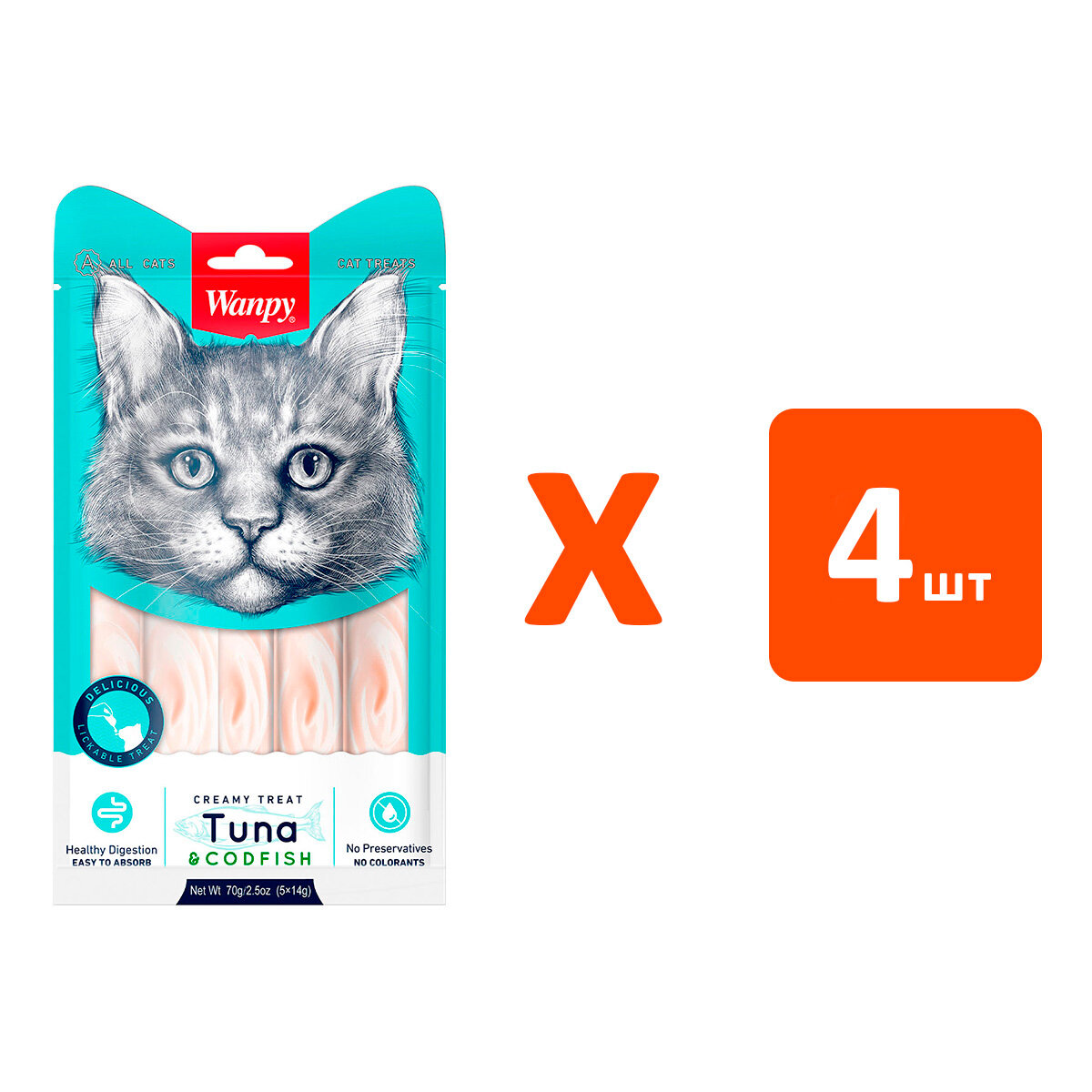 Лакомство WANPY CAT для кошек, нежное пюре с тунцом и треской, 70 г х 4 шт