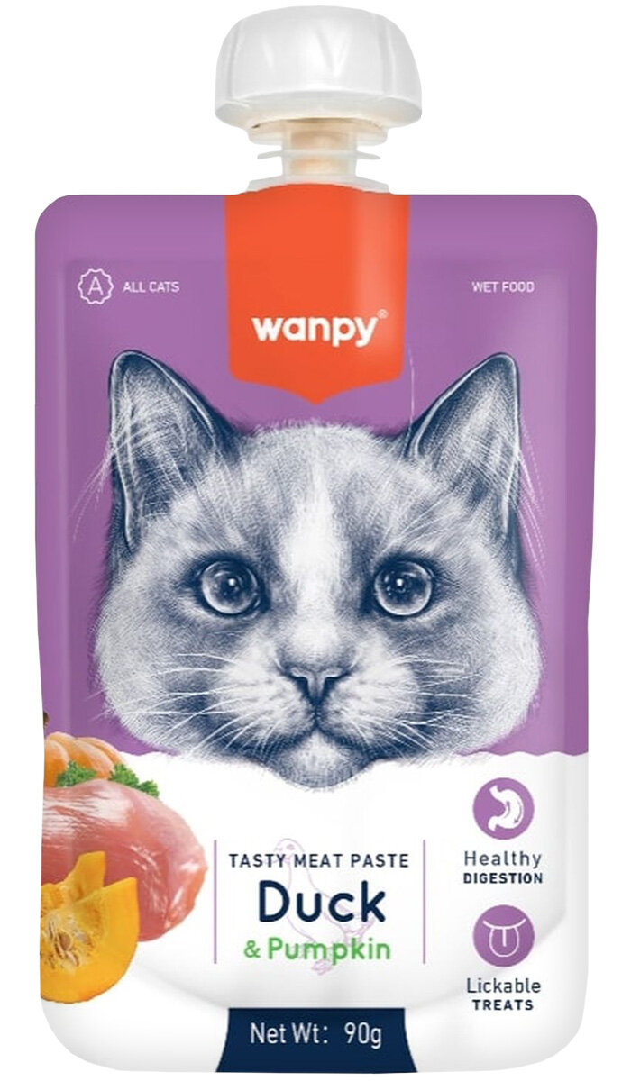 Лакомство WANPY CAT для кошек, мясной мусс с уткой и тыквой, 90 гр
