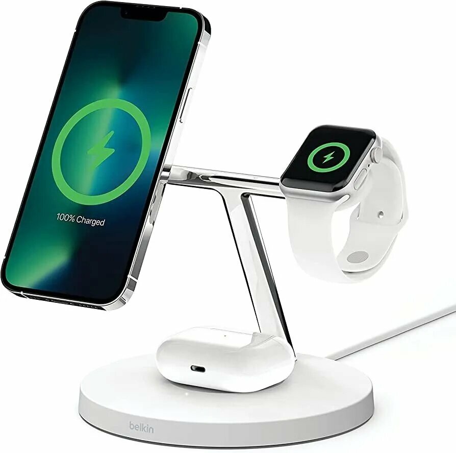 Беспроводная зарядная станция Belkin Boost Charge Pro 3-в-1 с официальной поддержкой MagSafe 15W, белый