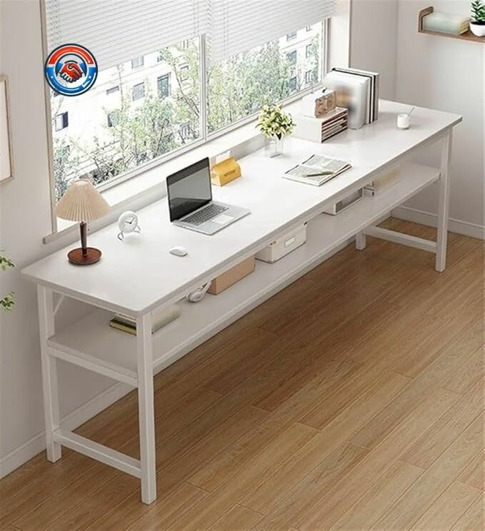 Компьютерный стол для двух человек, прочная стальная рама, узкий корпус экономия места, двухуровневое хранение, закруглённые углы, подходит для маленькой комнаты, домашний офис и геймерская зона