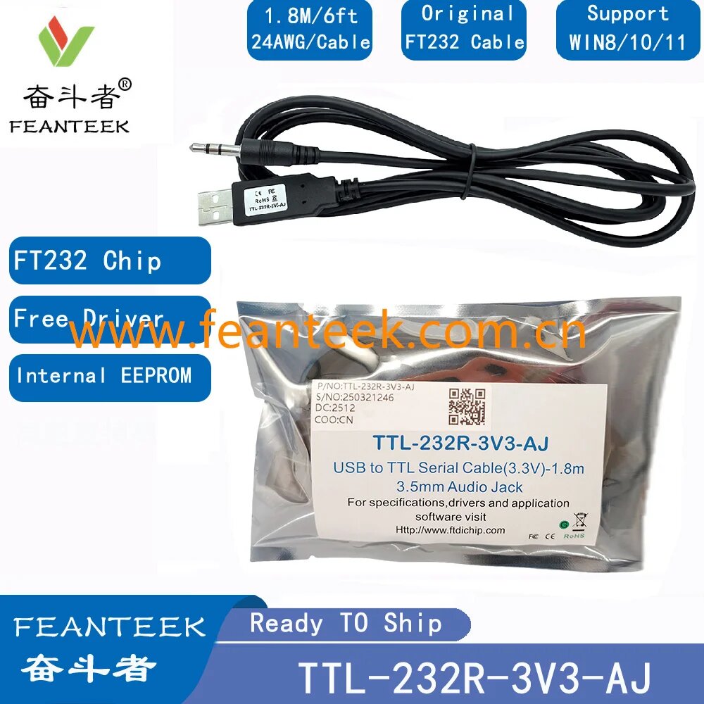 Feanteek TTL-232R-3V3-AJ Кабель USB TO TTL232 Чип FT232RQ Последовательный адаптер USB UART 1,8 м 3,5 мм Стерео разъем TTL 3,3 В Логический уровень