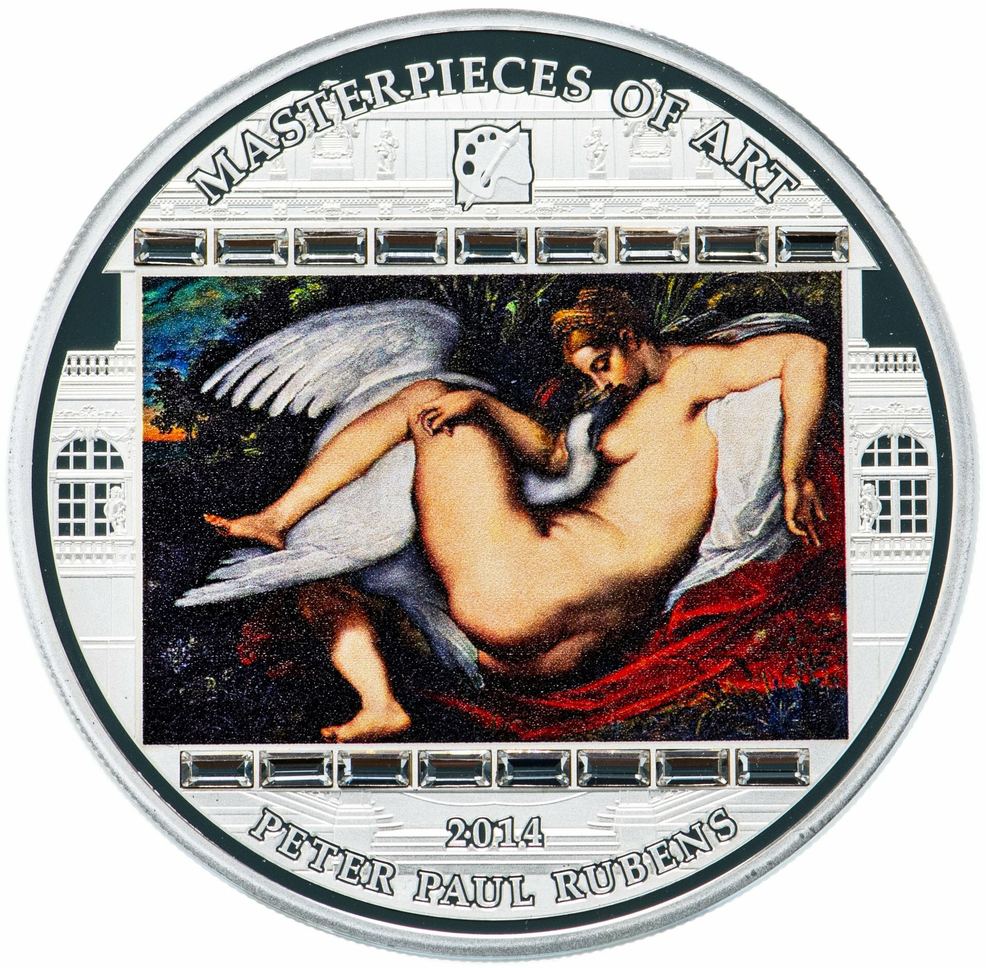 Острова Кука 20 долларов 2014 "Шедевры живописи - Питер Пауль Рубенс - Леда и лебедь", в футляре с сертификатом, Серебро 999, в сохранности Proof