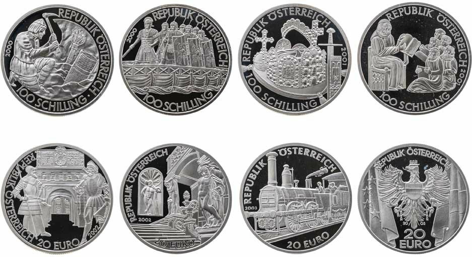Австрия 100 шиллингов и 20 евро 2000-2003 набор из 8-ми монет "Австрия в меняющихся временах " в футляре с сертификатами, Серебро 900, в сохранности Proof