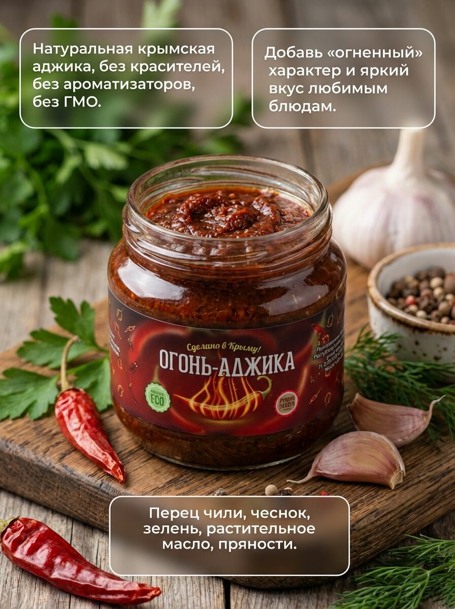 Аджика натуральная крымская Огонь аджика острая с перцем чили и зеленью, 125 г
