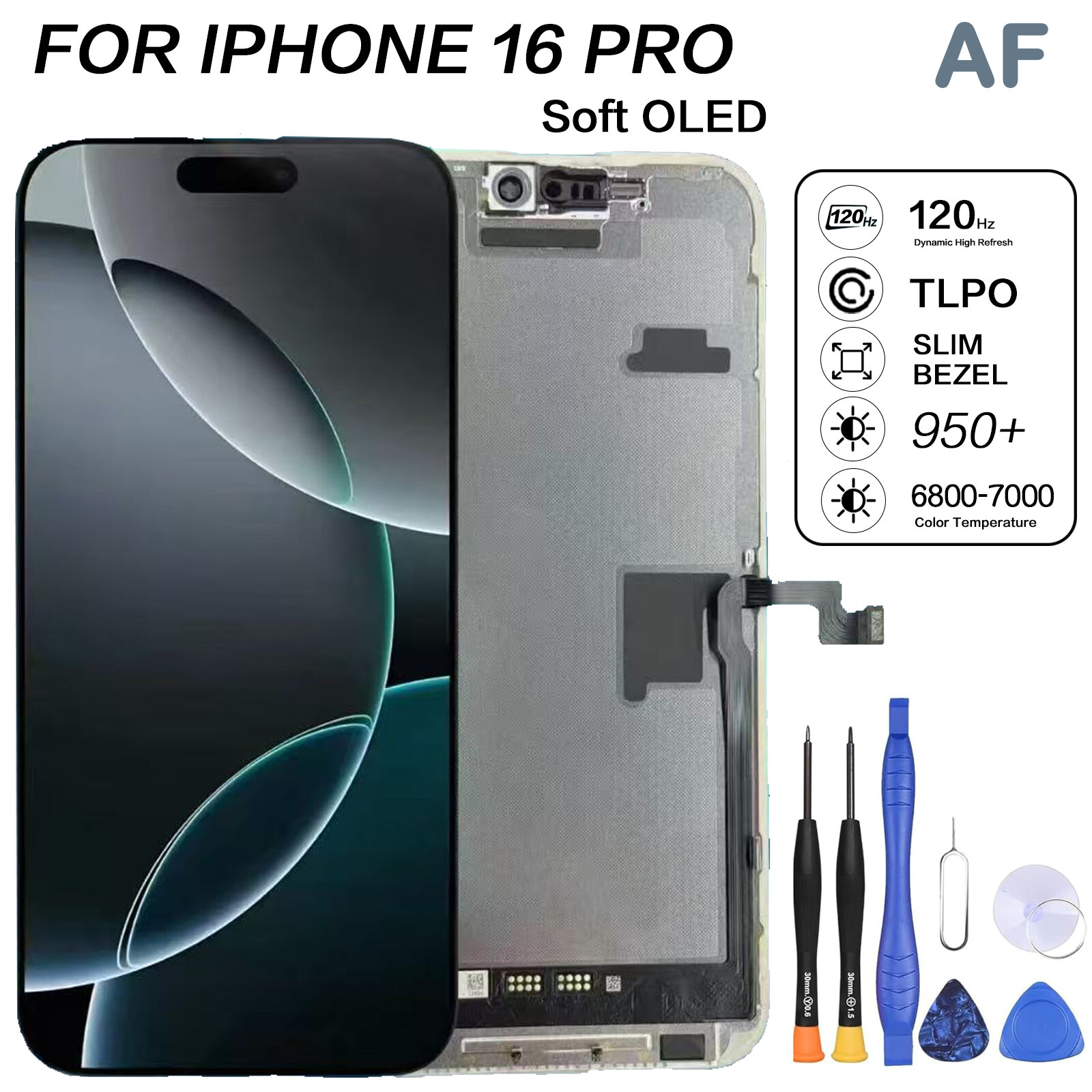Гибкий OLED-экран-замена для iPhone 16 Pro: 120 Гц, рамки 0.9 мм, высший китайский класс