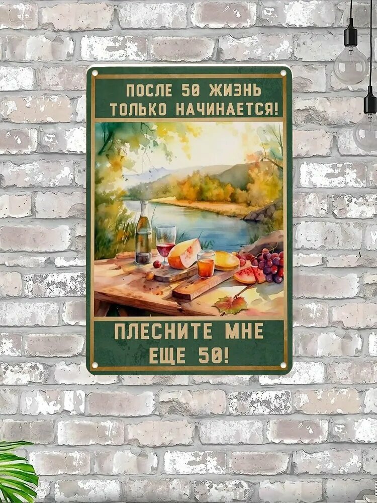 Табличка после 50 жизнь только начинается, плесните мне еще 50, прикол, металл, 20х30 см