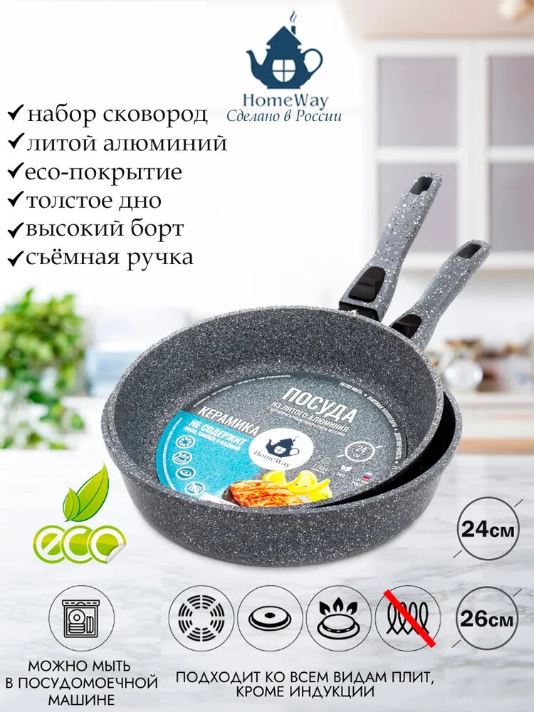 Набор сковород 2шт.(24см/26см), с антипригарным покрытием, литой корпус, съемные ручки, HomeWay серия eco-керамика