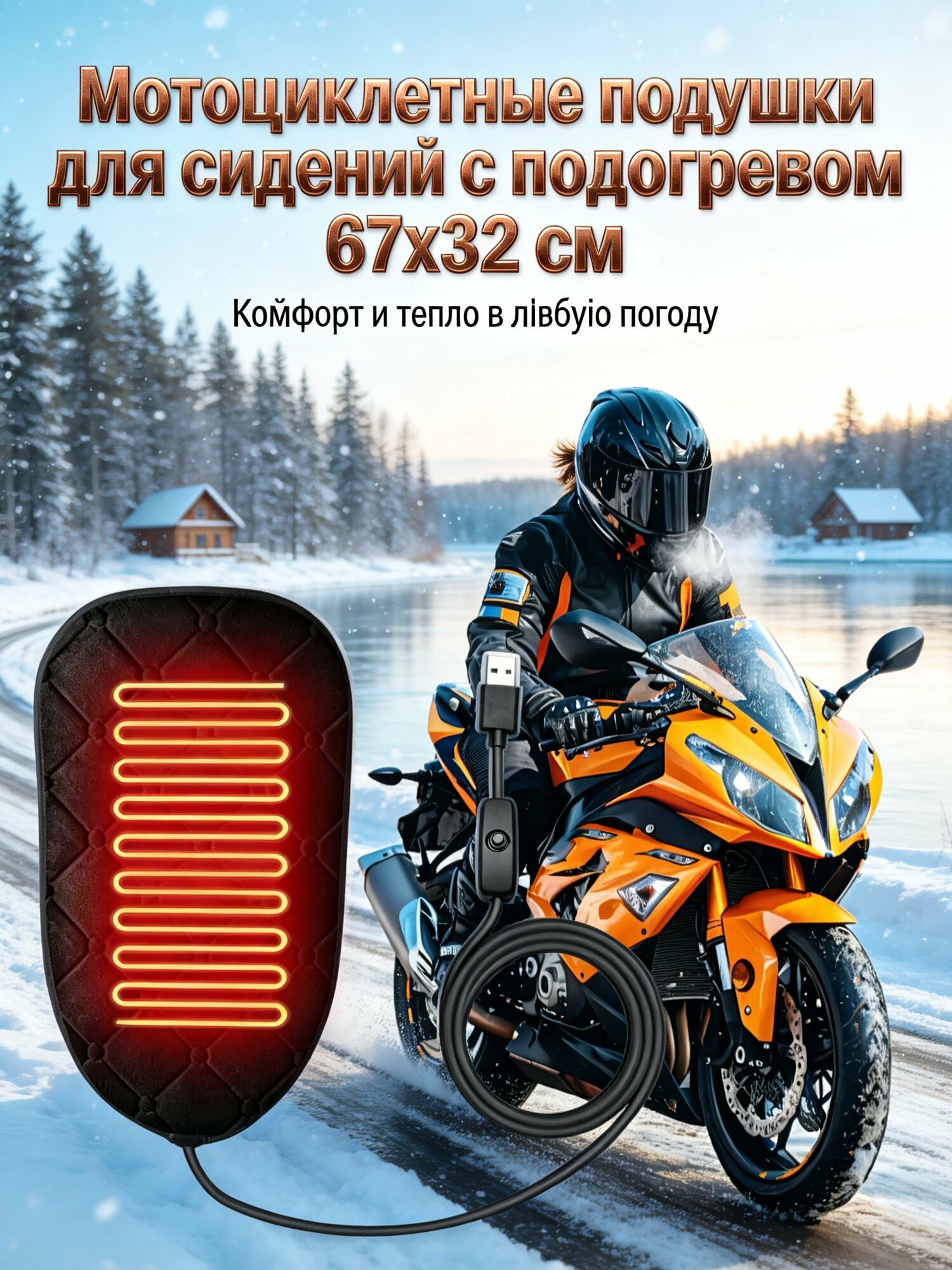 Накладка с подогревом для сиденья 67x32 см, универсальное решение для мотоциклов скутеров квадроциклов и снегоходов с питанием USB 5V/2A