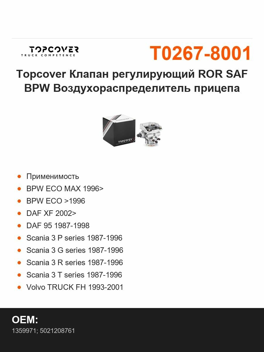 Topcover Клапан регулирующий ROR SAF BPW Воздухораспределитель прицепа