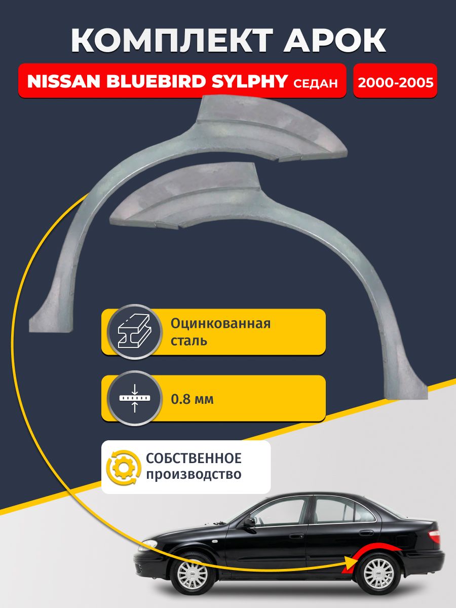 Комплект задних ремонтных арок для автомобиля (2 шт.), Nissan Bluebird Sylphy 2000-2005 седан (Блюберд Селфи). Оцинкованная сталь 0,8 мм.