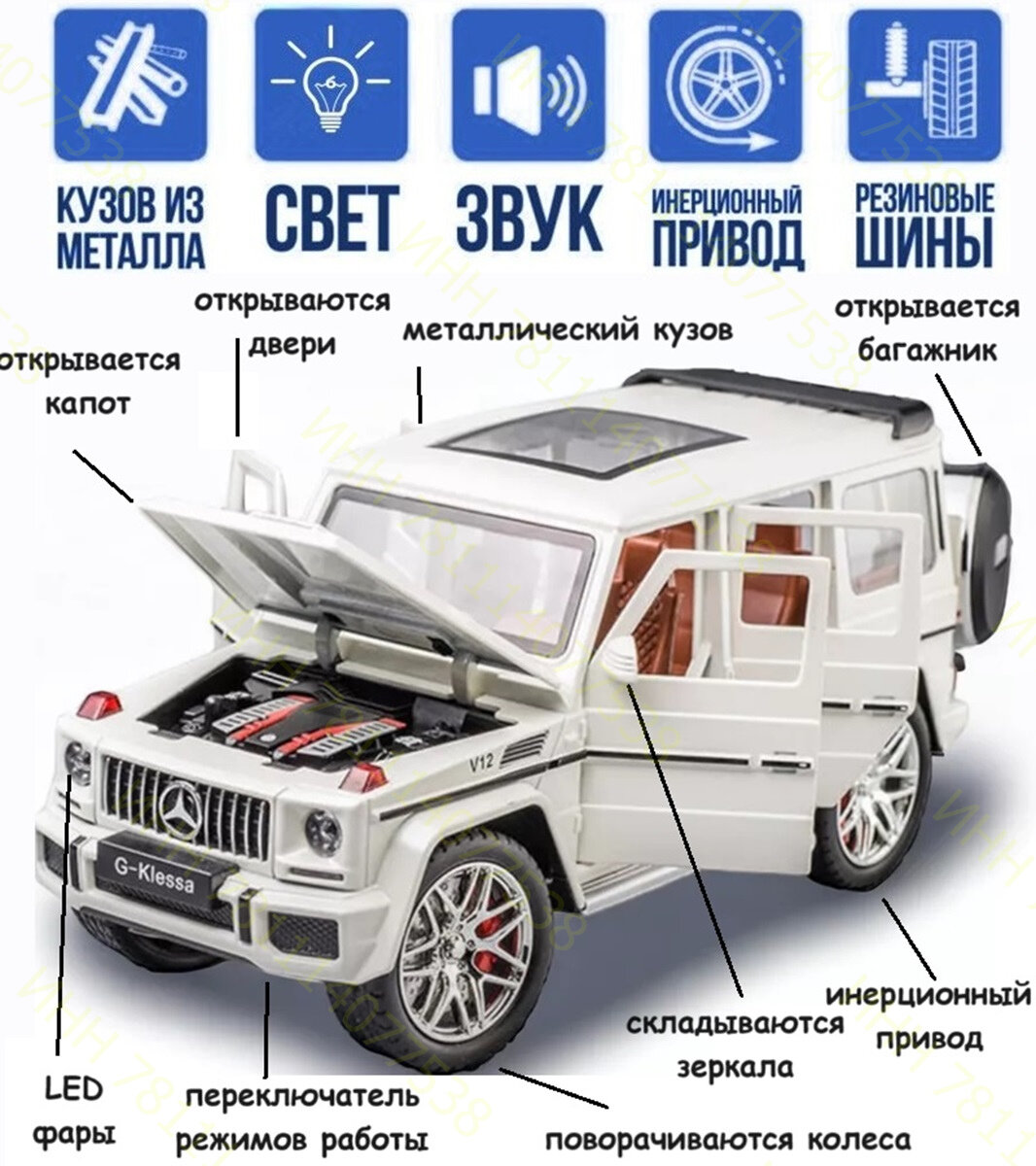Mercedes-Benz G63 AMG Мерседес Бенц Гелик металлическая инерционная машинка 1:24 21 см, открываются двери, капот и багажник, свет и звук