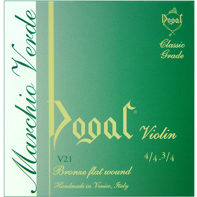 1/8-1/16 violin string set Dogal Marchio Verde V21B - Flat bronze wound steel strings with warm timbre and rich overtones for 1/8-1/16 violin.