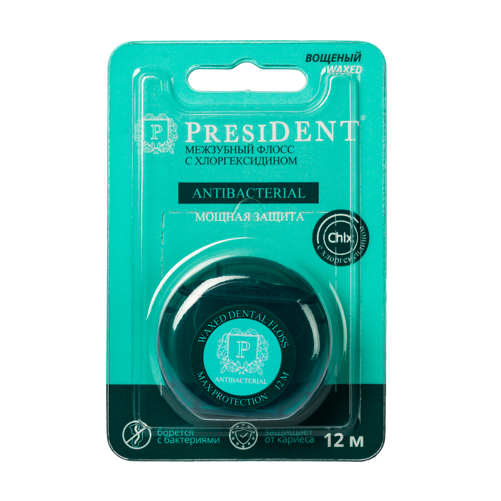 Зубная нить PresiDent Межзубный флосс Antibacterial с хлоргексидином 12 м