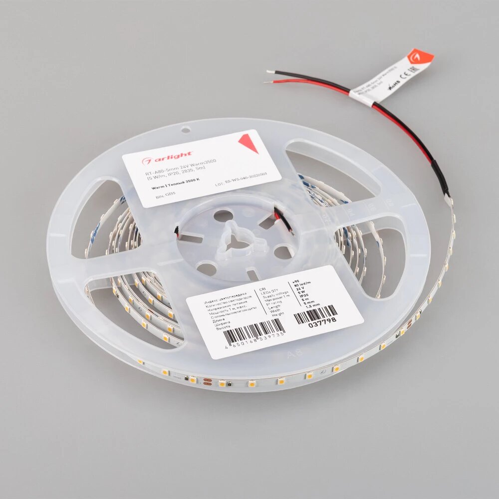 Лента RT-A80-5mm 24V Warm3500 (5 W/m, IP20, 2835, 5m) (Arlight, Открытый) 037798