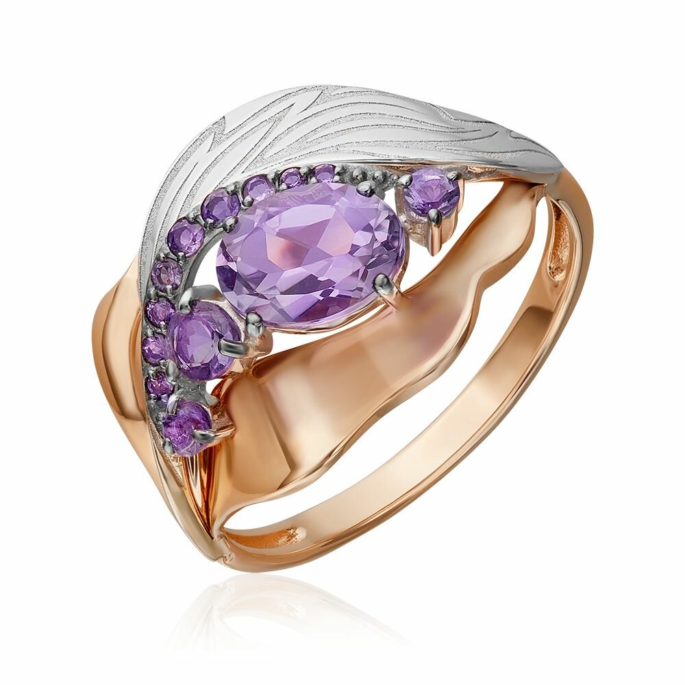 Кольцо, комбинированное золото, 585 проба, родирование, аметист