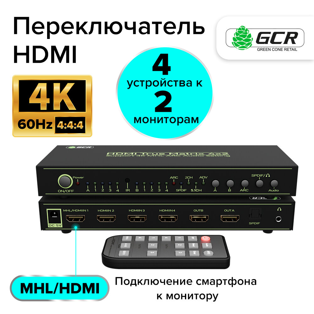 Матричный переключатель HDMI 1.4 4х2 4 устройства к 2 мониторам 4Kx2K 1080P MHL ARC (GCR-v402) черный