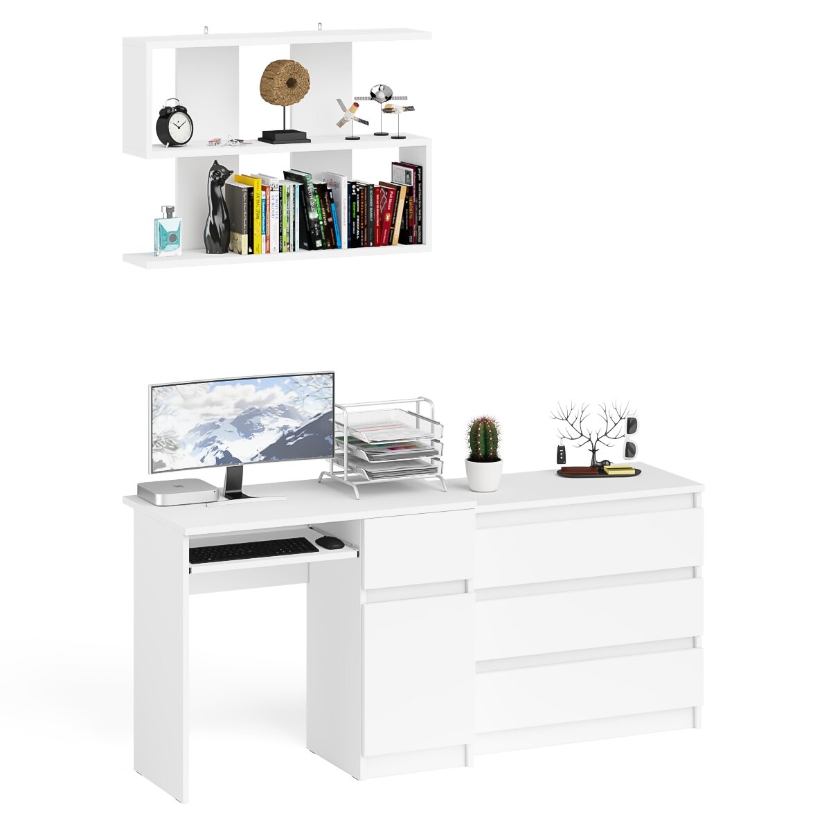 Комод три ящика СВК МК800.1 с компьютерным столом правый и навесной полкой белый