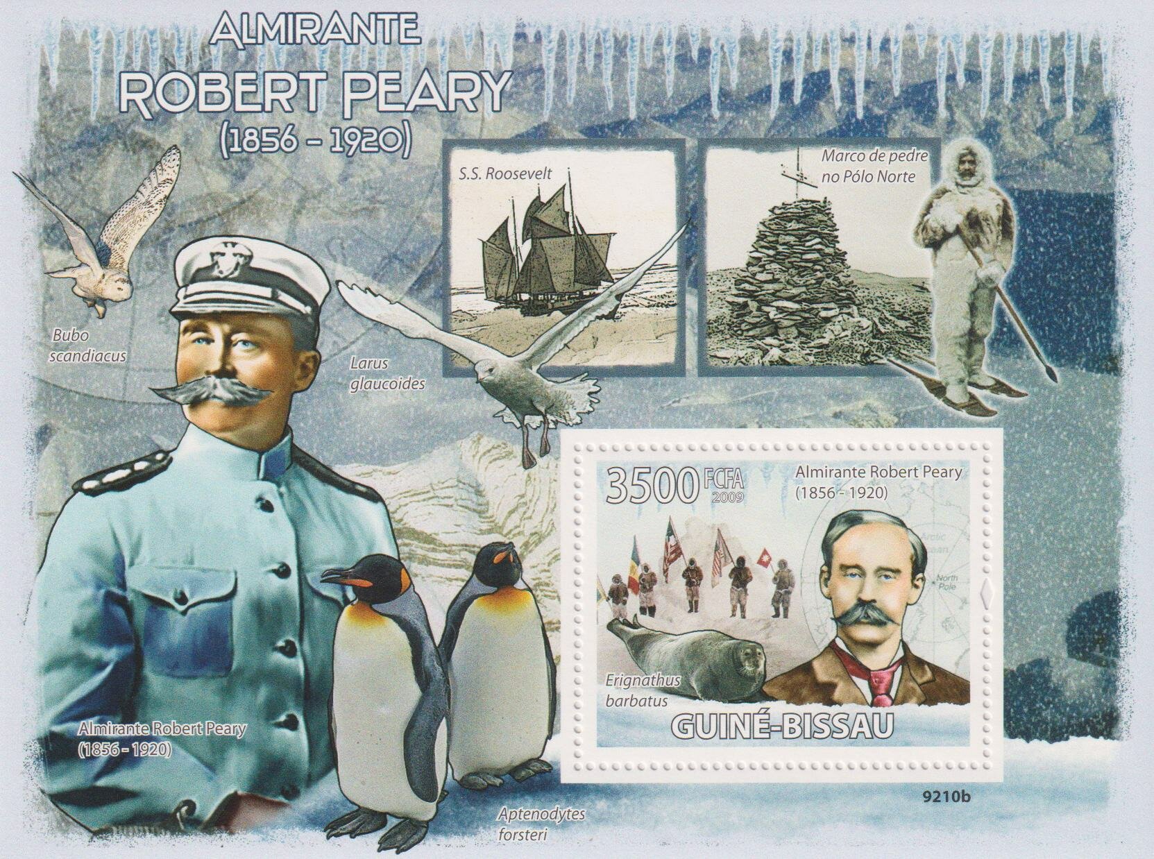 Почтовые марки Гвинея-Бисау 2009г. "Роберт Пири, 1856-1920" Путешественники, Белые медведи, Собаки MNH