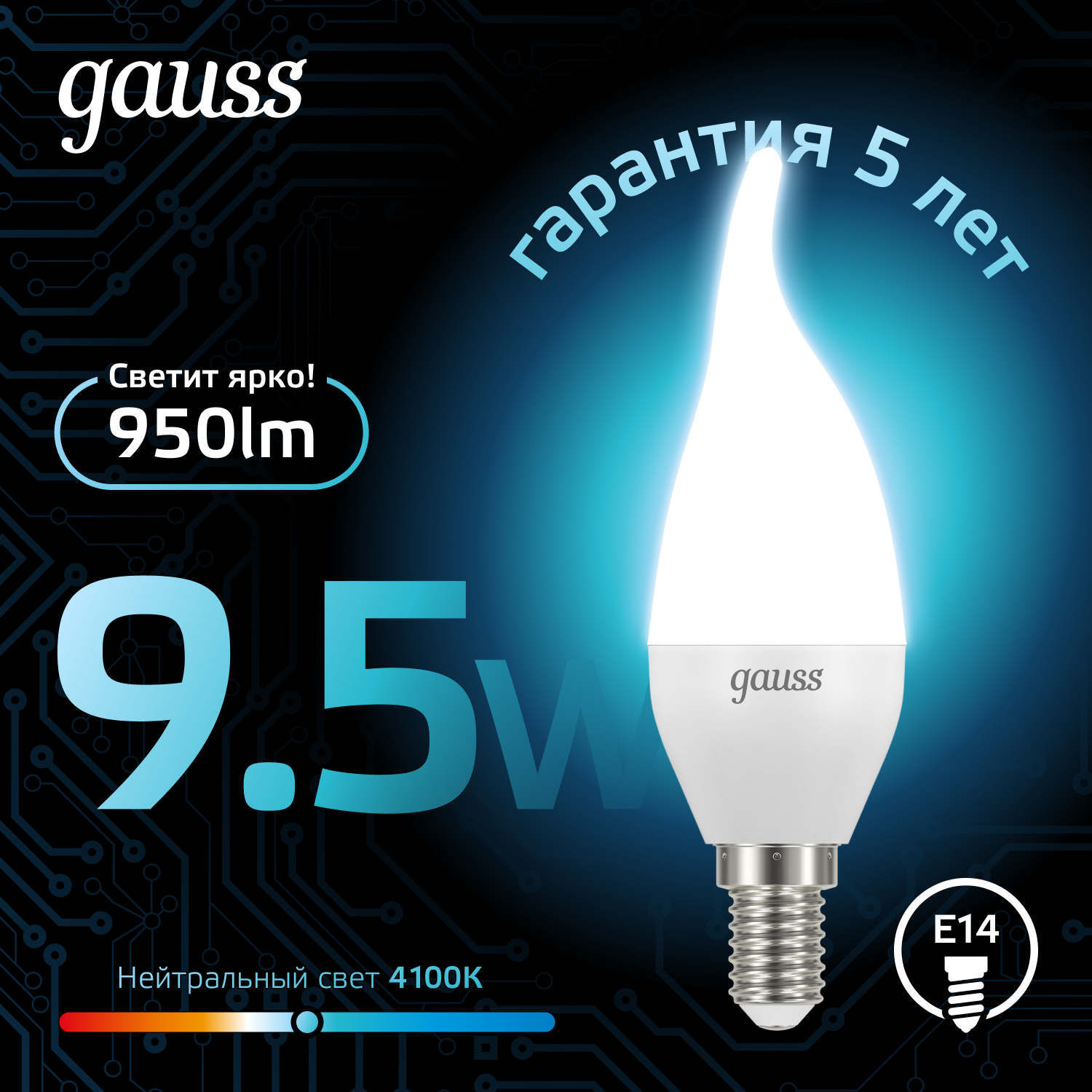 Лампочка светодиодная Gauss Black Candle 9.5Вт, 950Лм, 4100K, E14, нейтральный белый свет, свеча на ветру