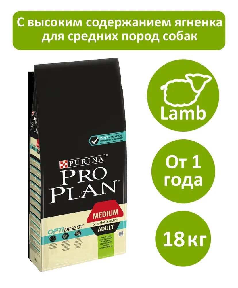 Сухой корм для собак Pro Plan при чувствительном пищеварении, ягненок 18 кг (для средних пород)