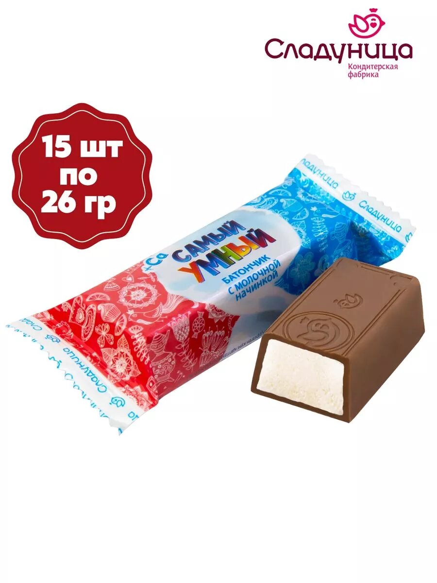 Батончик самый умный Типа Ассорти Молочный 15шт по 26 гр