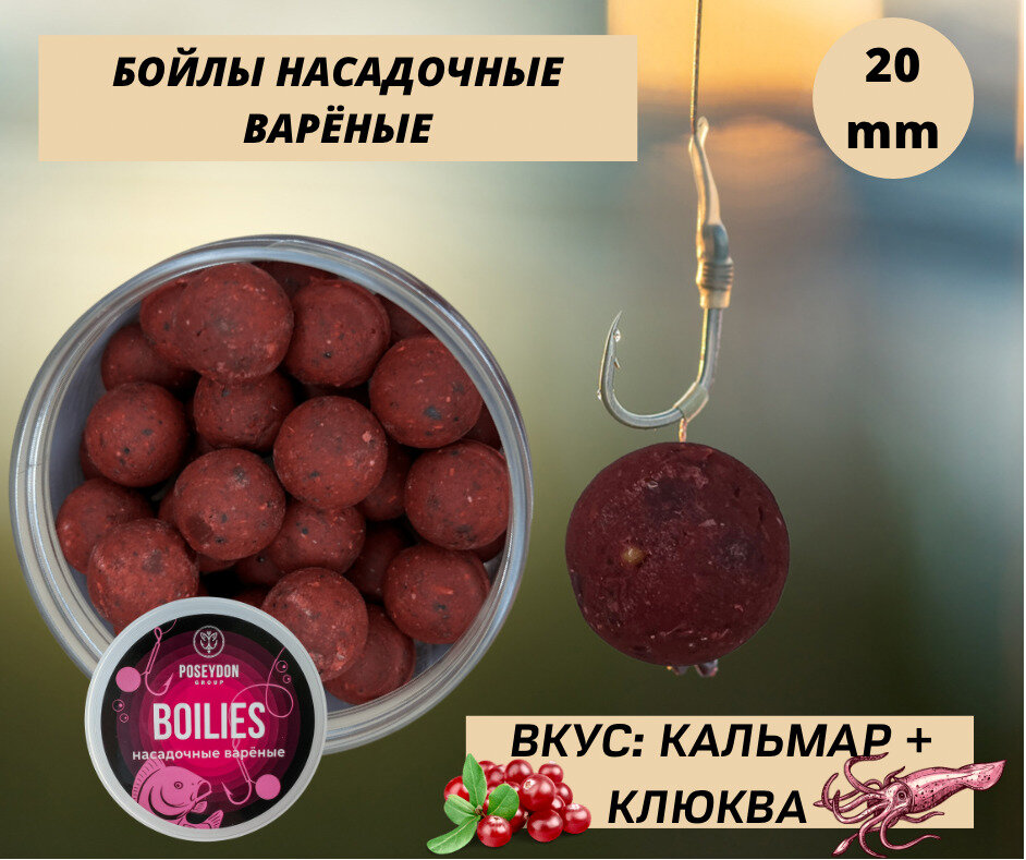 Бойлы Poseydon Group насадочные варенные "Кальмар+Клюква" 20мм, 150g