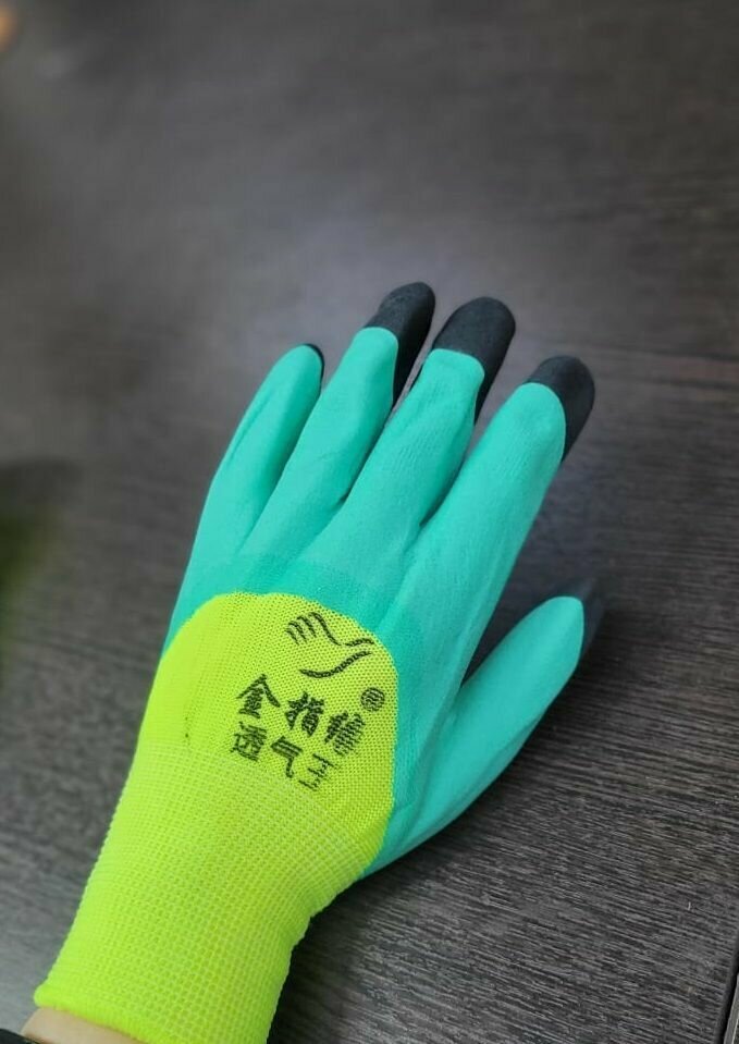 Перчатки салатовые с черными пальцами, нейлон, глубокий облив (3 пары)
