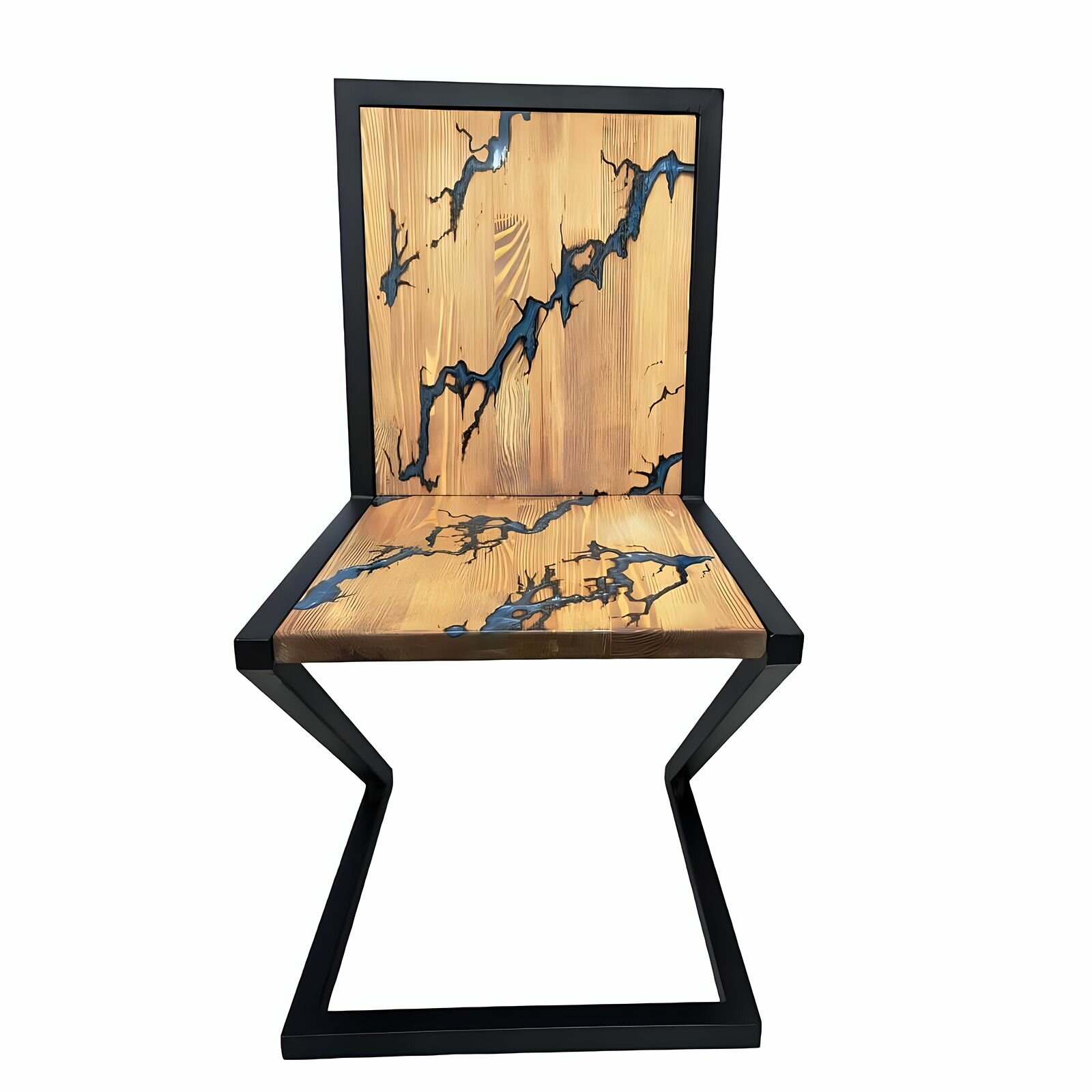 Стул на массиве сосны цвета натурального дерева с синими молниями на металлических ножках в стиле лофт 45х45х93