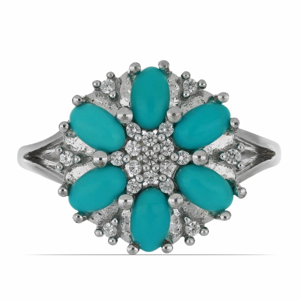 Кольцо, серебро, 925 проба, родирование, бирюза, циркон