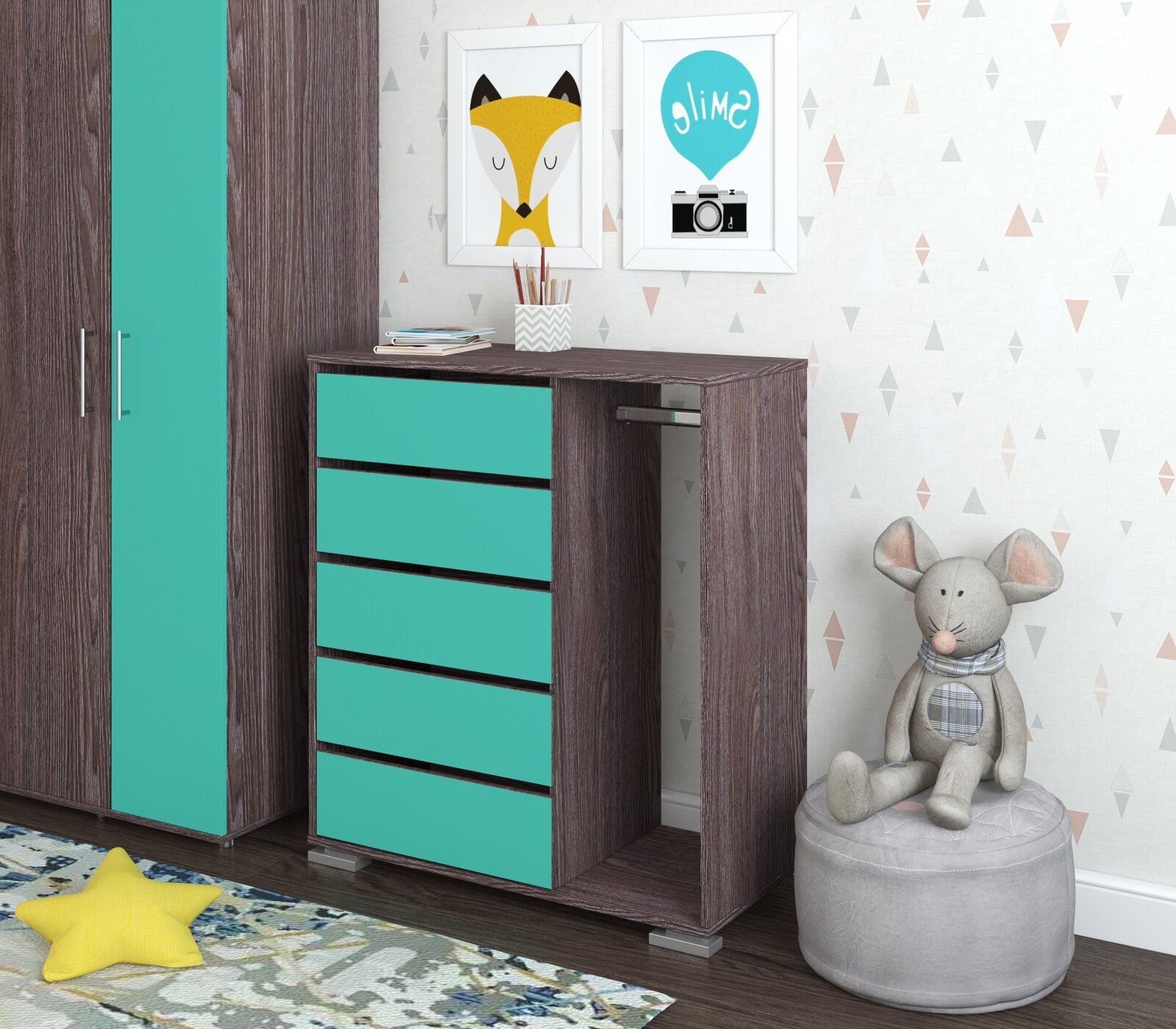 Шкаф, комод, шкаф-комод с ящиками, со штангой Есэндвич Лаворо, 90x43х102 см, левый (Анкор тёмный/Аква)