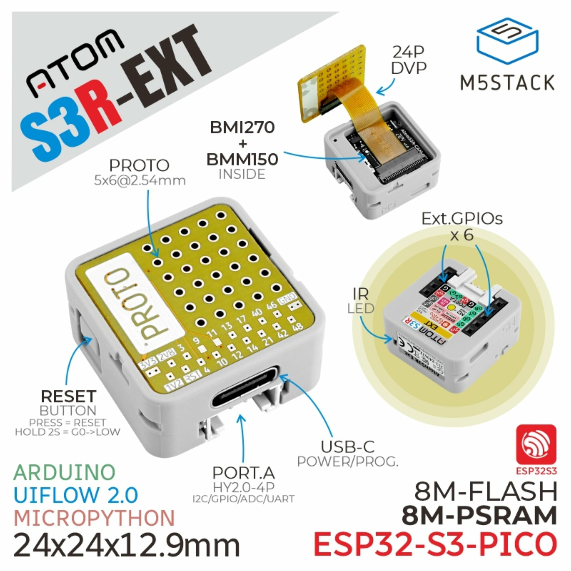 M5Stack AtomS3R Ext с универсальной платой расширения и программируемым контроллером ESP32-S3