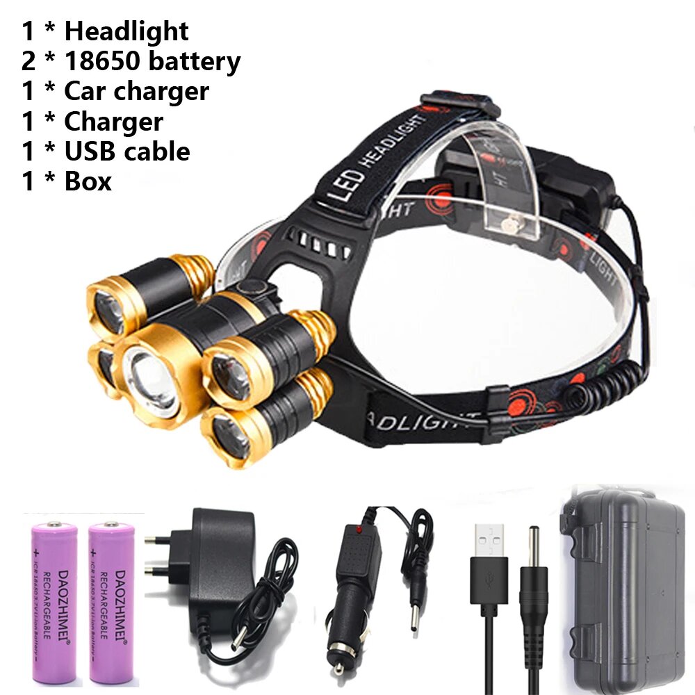 DAOZHIMEI Золотой налобный фонарь 8000 люмен T6+4x Q5 F