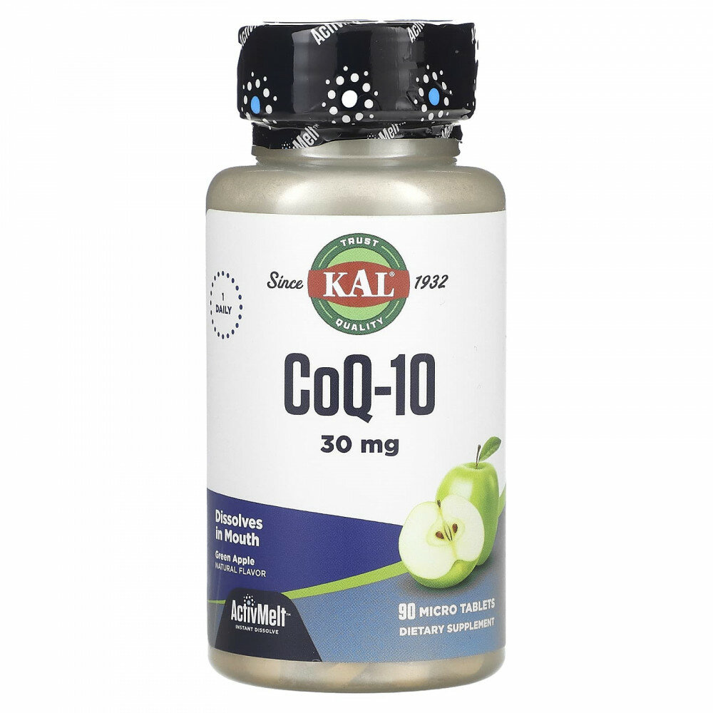 KAL, коэнзим Q10, со вкусом зеленого яблока, 30 мг, 90 микротаблеток