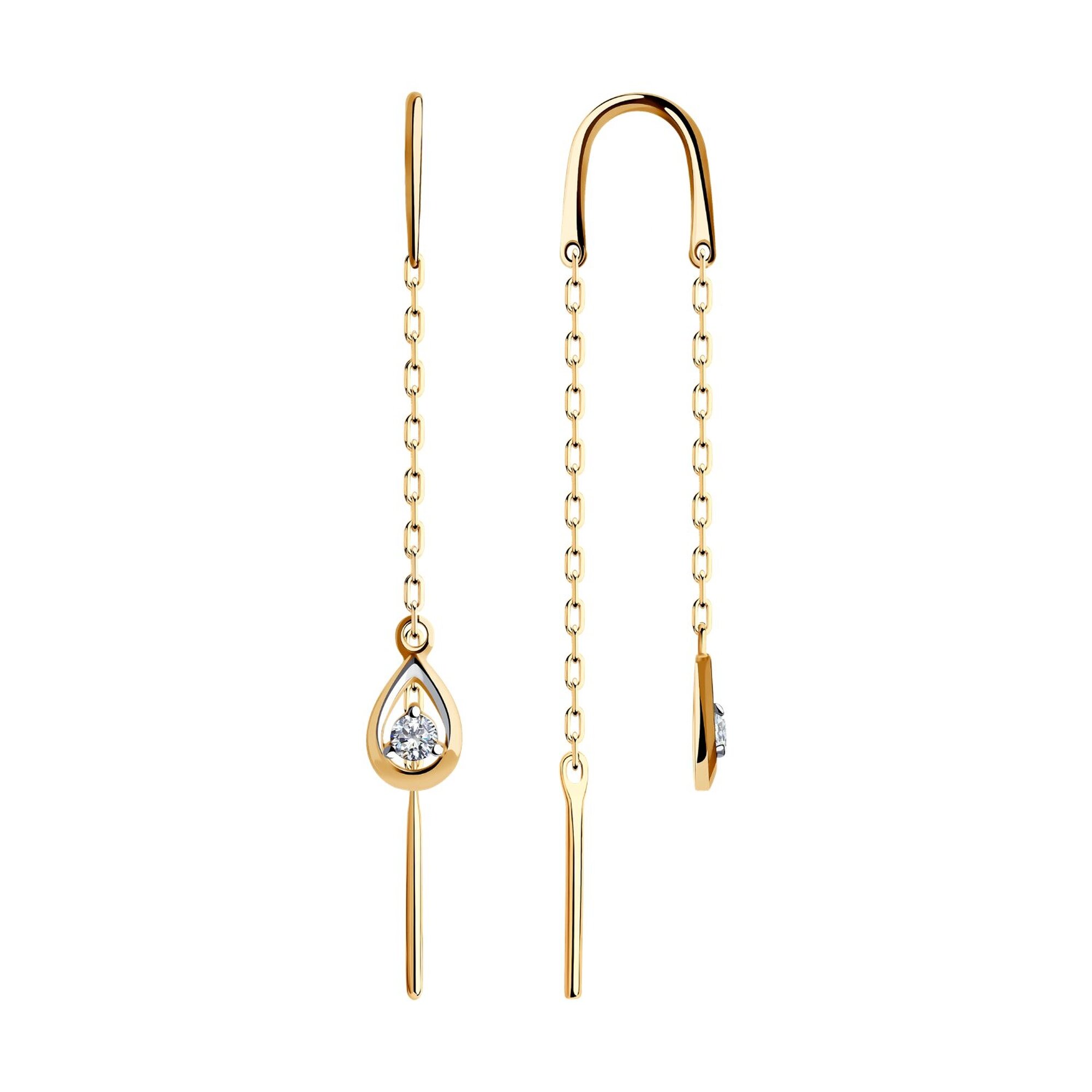 Серьги цепочки, красное золото, 585 проба, фианит