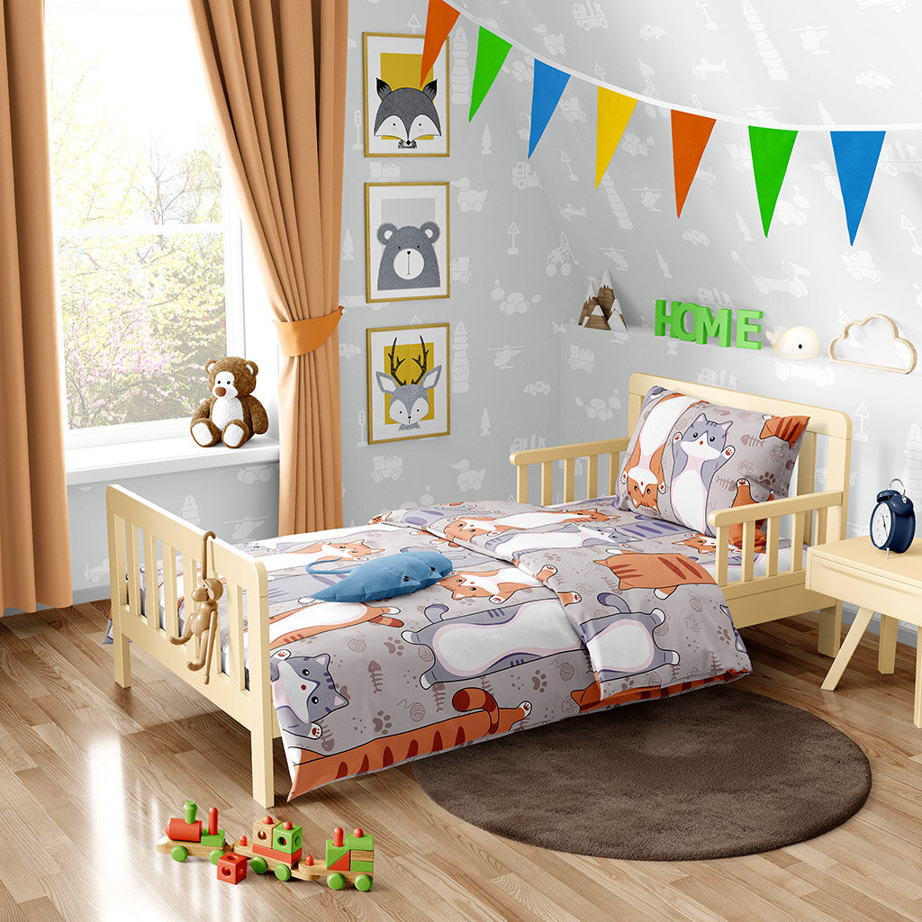 Комплект детского постельного белья Домашняя Мода 1,5 спальный "Кот-батон" 3 предмета: пододеяльник 145х215 см, простыня 150х215 см, 1 наволочка 50х70 см, бязь, хлопок 100% (КПБ-1,5-3-50/70-1-П)