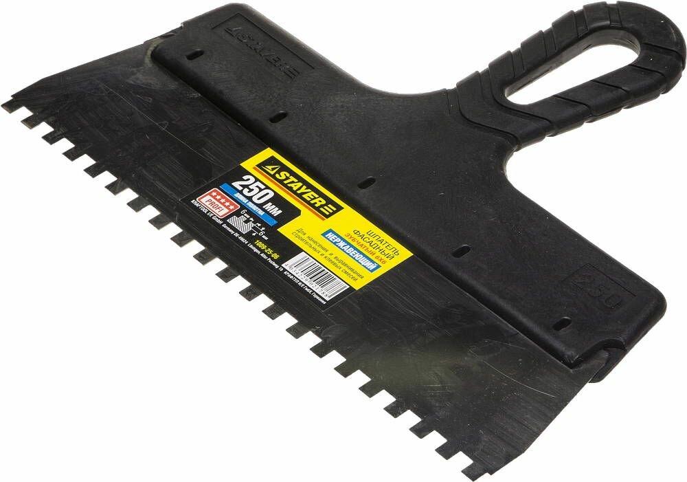 Шпатель фасадный STAYER Flat, 250 мм, зуб 6 х 6 мм, пластиковая ручка, нержавеющий, профессиональный 1009-25-06