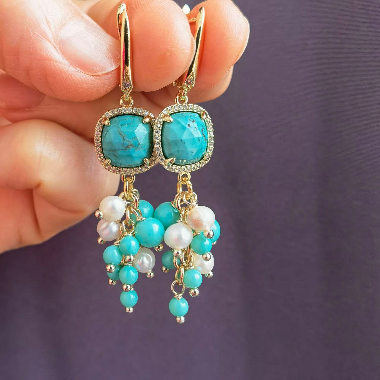 Серьги, бирюза, жемчуг культивированный, говлит