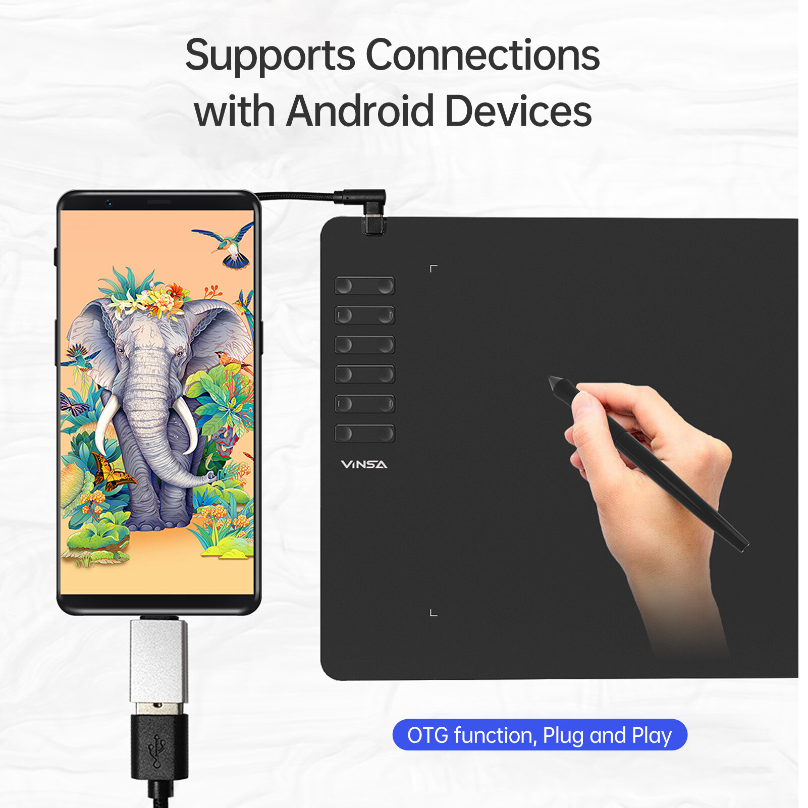 Графический планшет VINSA T1161: ультратонкий для эскизов, стилус без батареи, 8 наконечников, 8192 уровня нажатия, 12 настраиваемых клавиш, совместимость с Windows и Android OTG, размер 11.8"x7.4".