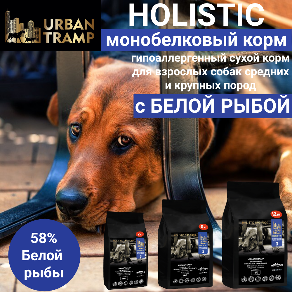 URBAN TRAMP Полнорационный облегченный гипоаллергенный сухой корм HOLISTIC класса с белой рыбой для взрослых собак всех пород