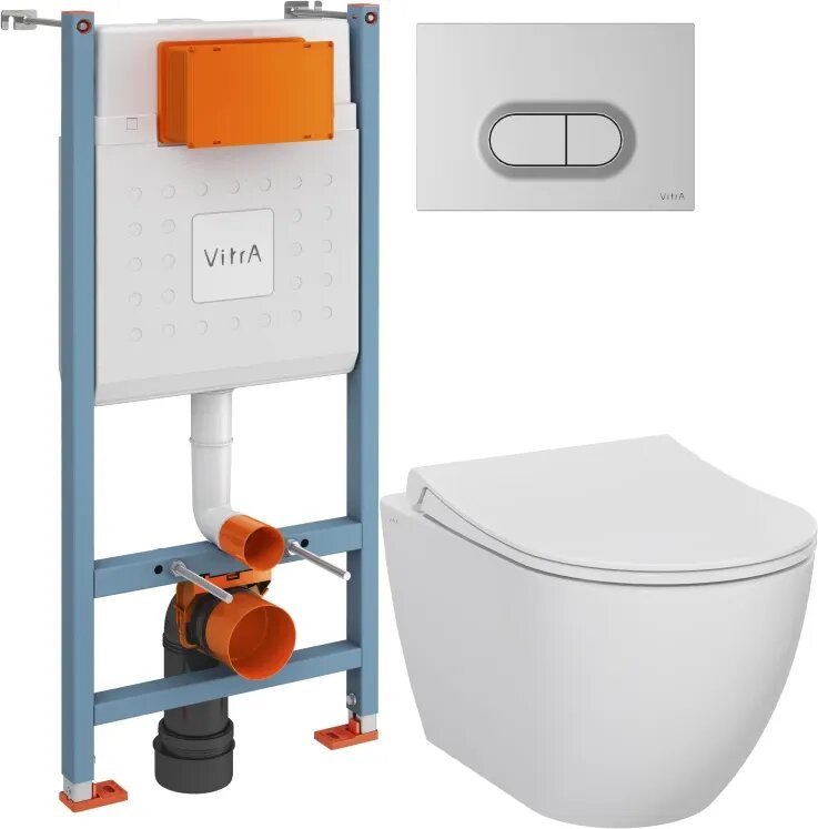 Комплект унитаз VitrA Mia Round 9856B003-7200 и инсталляция с клавишей смыва хром матовый